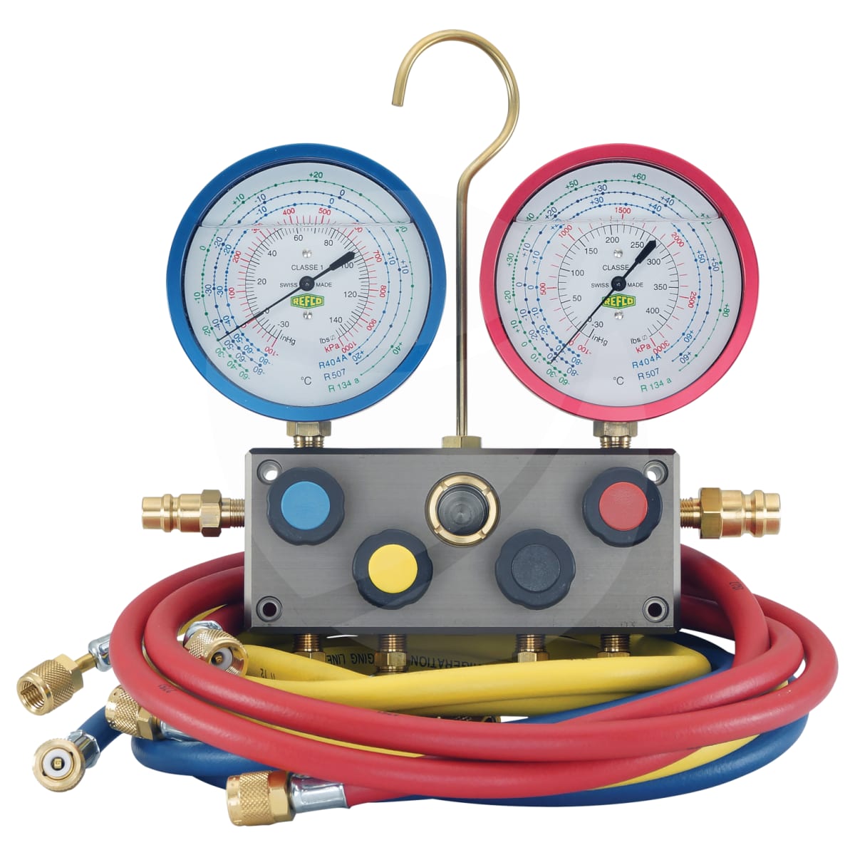 MANIFOLD GAUGE SET, REFCO, 1830MM (72 INCH) CHARGING HOSES, FRONT WHEEL, 4-WAY, LIQUID FILLED